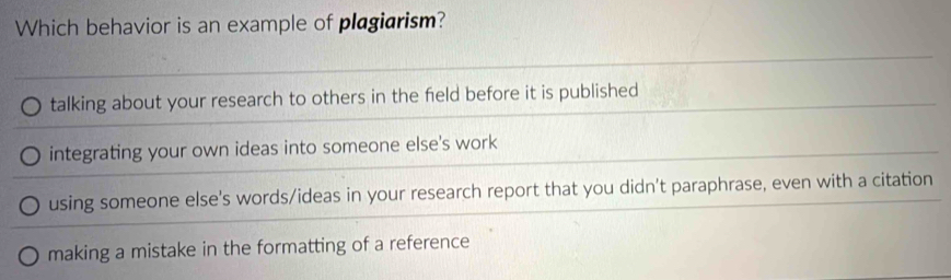 Solved: Which behavior is an example of plagiarism? talking about your ...