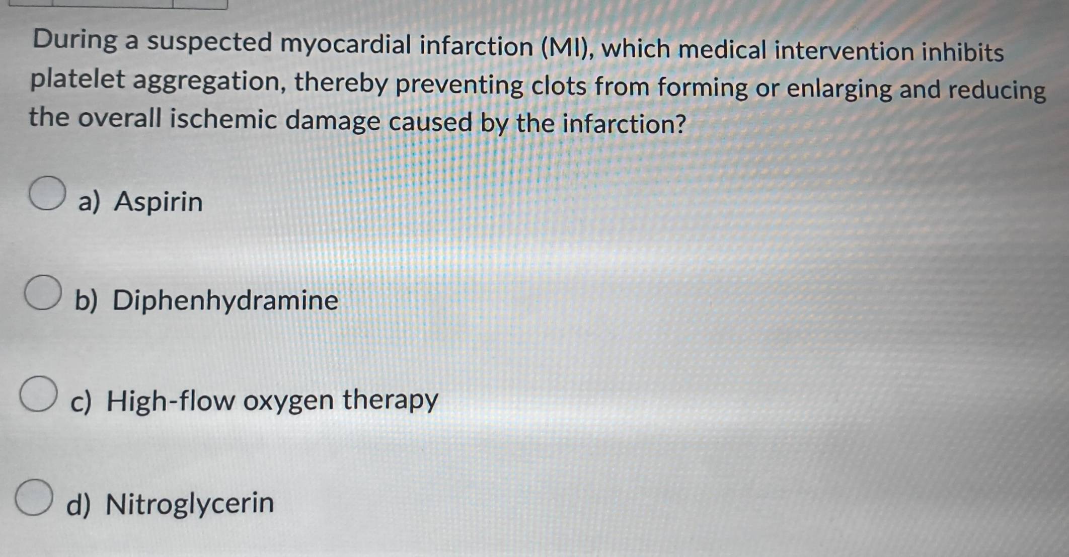 Solved: During a suspected myocardial infarction (MI), which medical ...