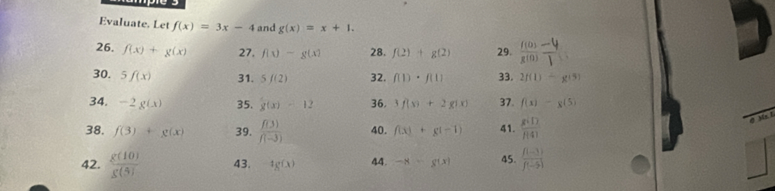 Solved: Evaluate. Let f(x)=3x-4 and g(x)=x+1. 26. f(x)+g(x) 27. f(x)-g ...