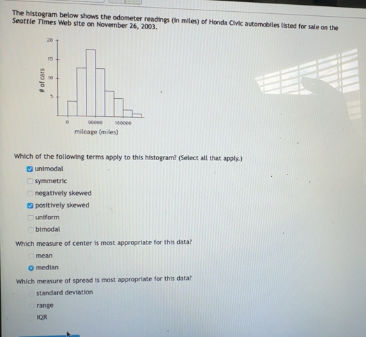 Solved: The histogram below shows the odometer readings (in miles) of ...