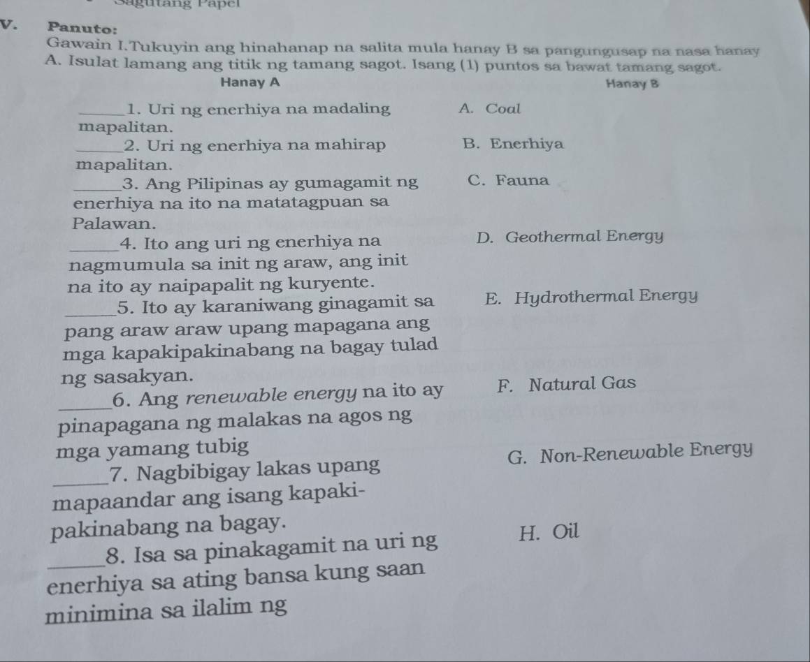 Solved: Sägutang Pap e i V. Panuto: Gawain I.Tukuyin ang hinahanap na ...