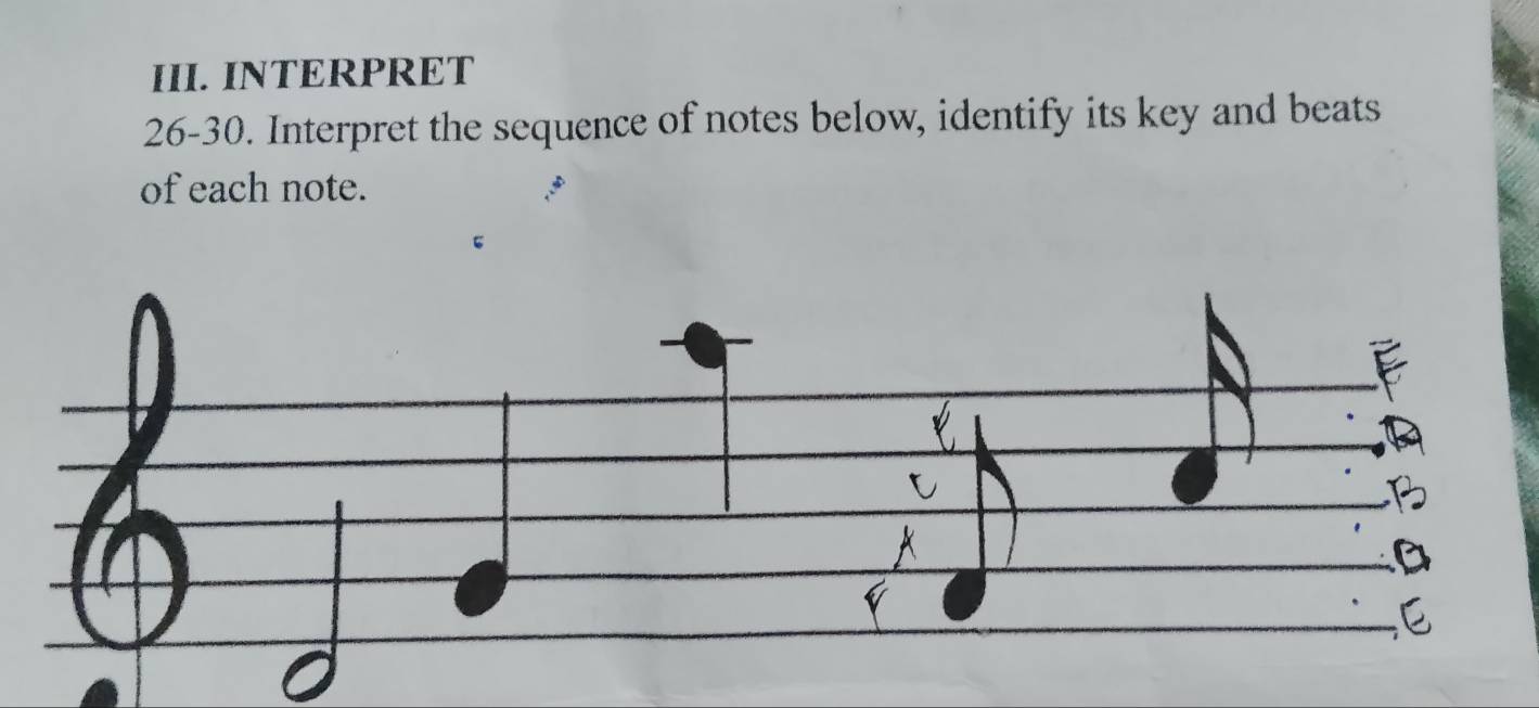 Solved: INTERPRET 26-30. Interpret the sequence of notes below ...