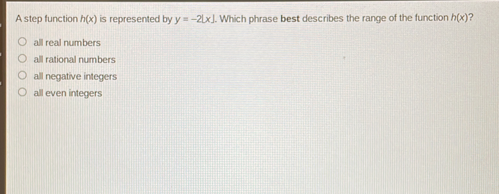 Solved: A step function h(x) is represented by y=-2|x|. Which phrase ...