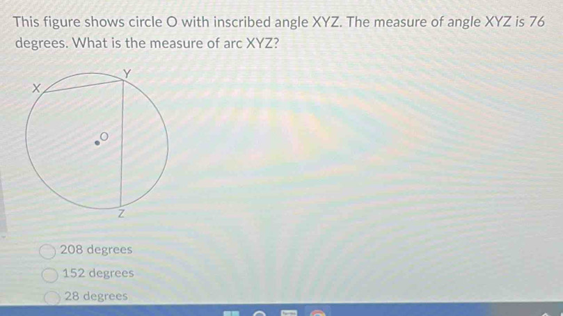 Solved: This figure shows circle O with inscribed angle XYZ. The ...