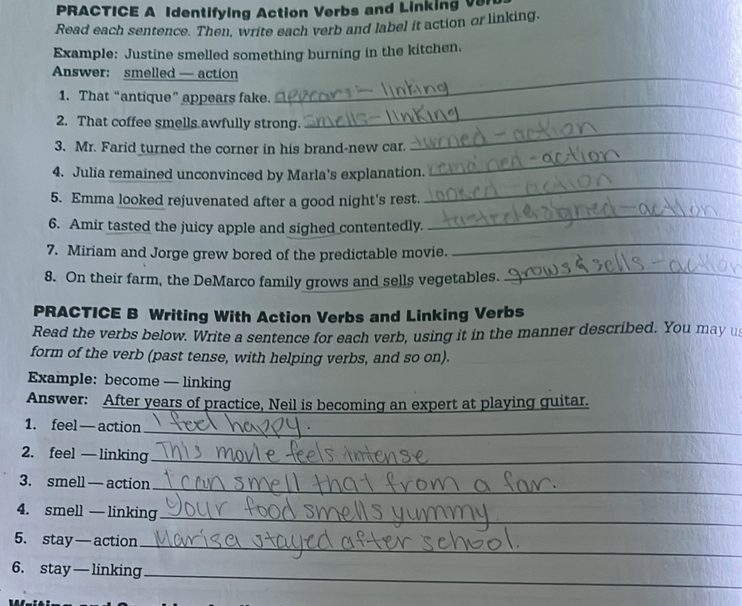 Solved: PRACTICE A Identifying Action Verbs and Linking ver Read each ...