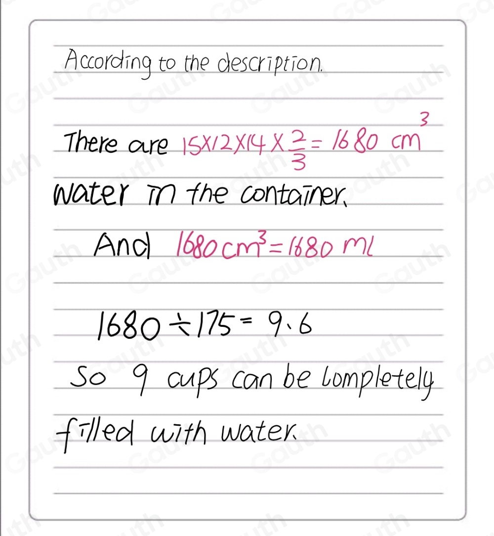 Solved: The diagram shows a water container. The container is 2/3 full ...