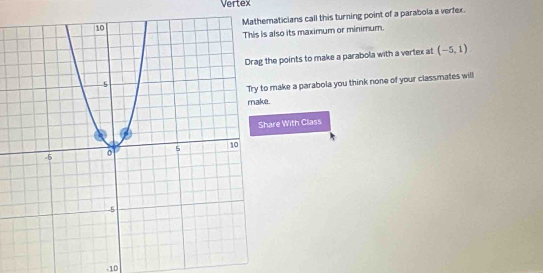 Solved: Vertex aticians call this turning point of a parabola a vertex ...