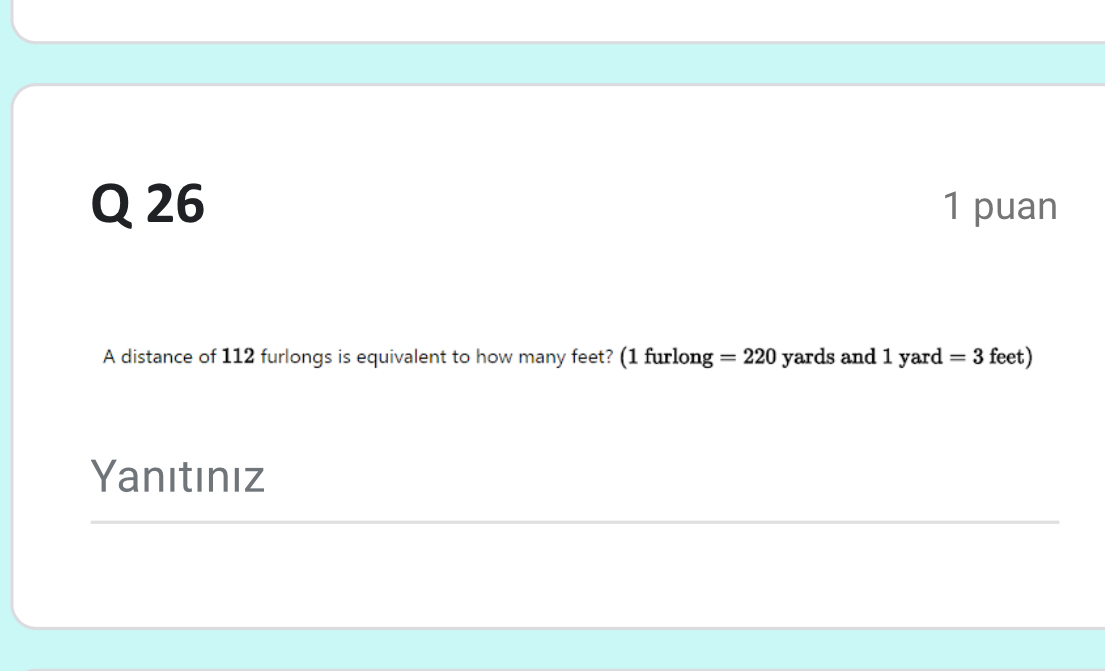 Solved: puan A distance of 112 furlongs is equivalent to how many feet ...