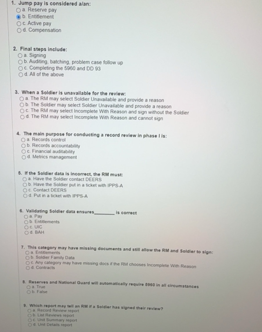 Solved: Jump pay is considered a/an: a. Reserve pay b. Entitlement c ...