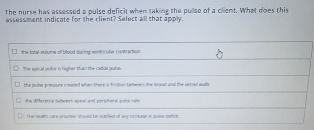 Solved: The nurse has assessed a pulse deficit when taking the pulse of ...