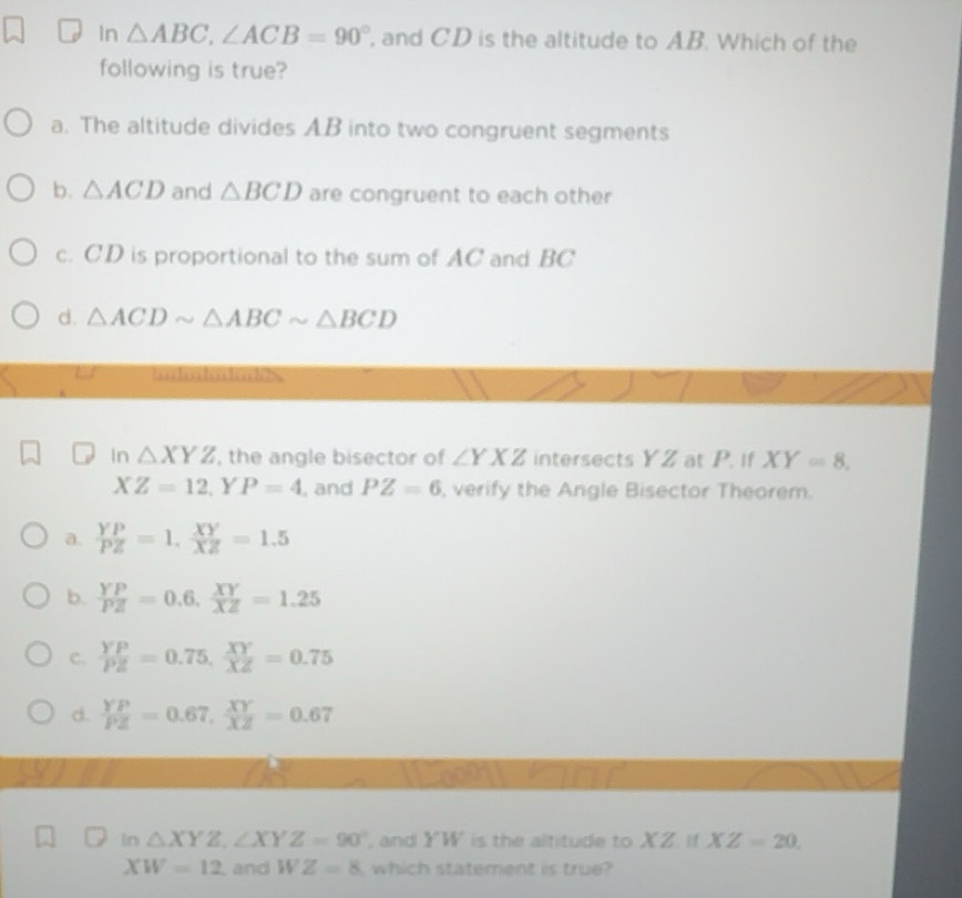 Solved: In ABC, ∠ ACB=90° , and C. D is the altitude to AB. Which of ...