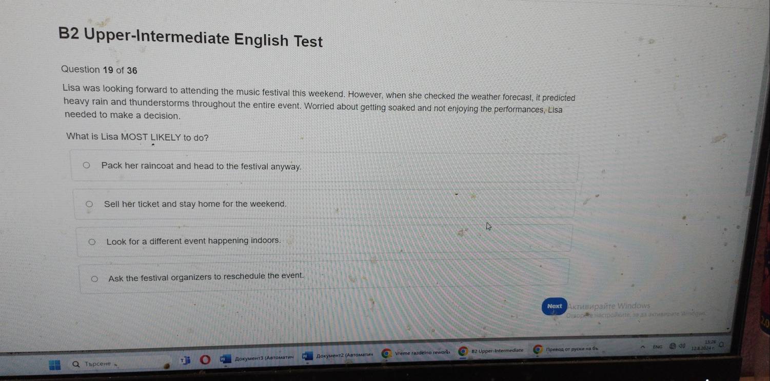 B2 Upper-Intermediate English Test Question 19 of 36 Lisa was looking ...