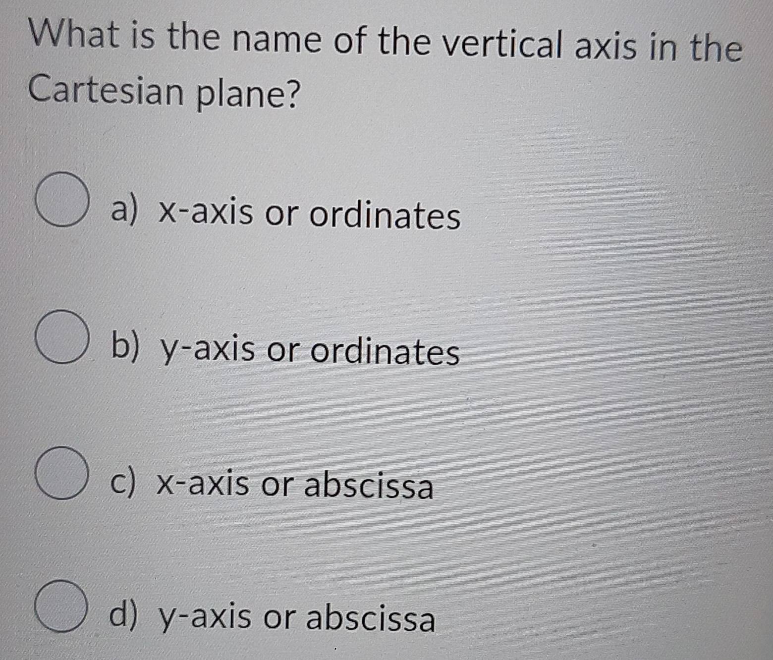 Solved: What is the name of the vertical axis in the Cartesian plane? a ...