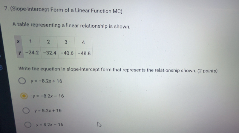 Solved: (Slope-Intercept Form of a Linear Function MC) A table ...