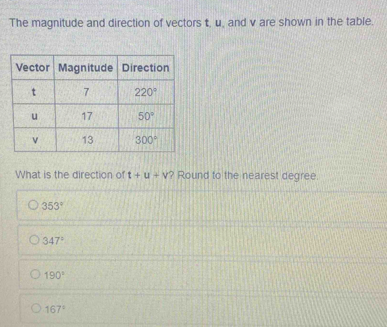 Solved: The magnitude and direction of vectors t, u, and v are shown in ...