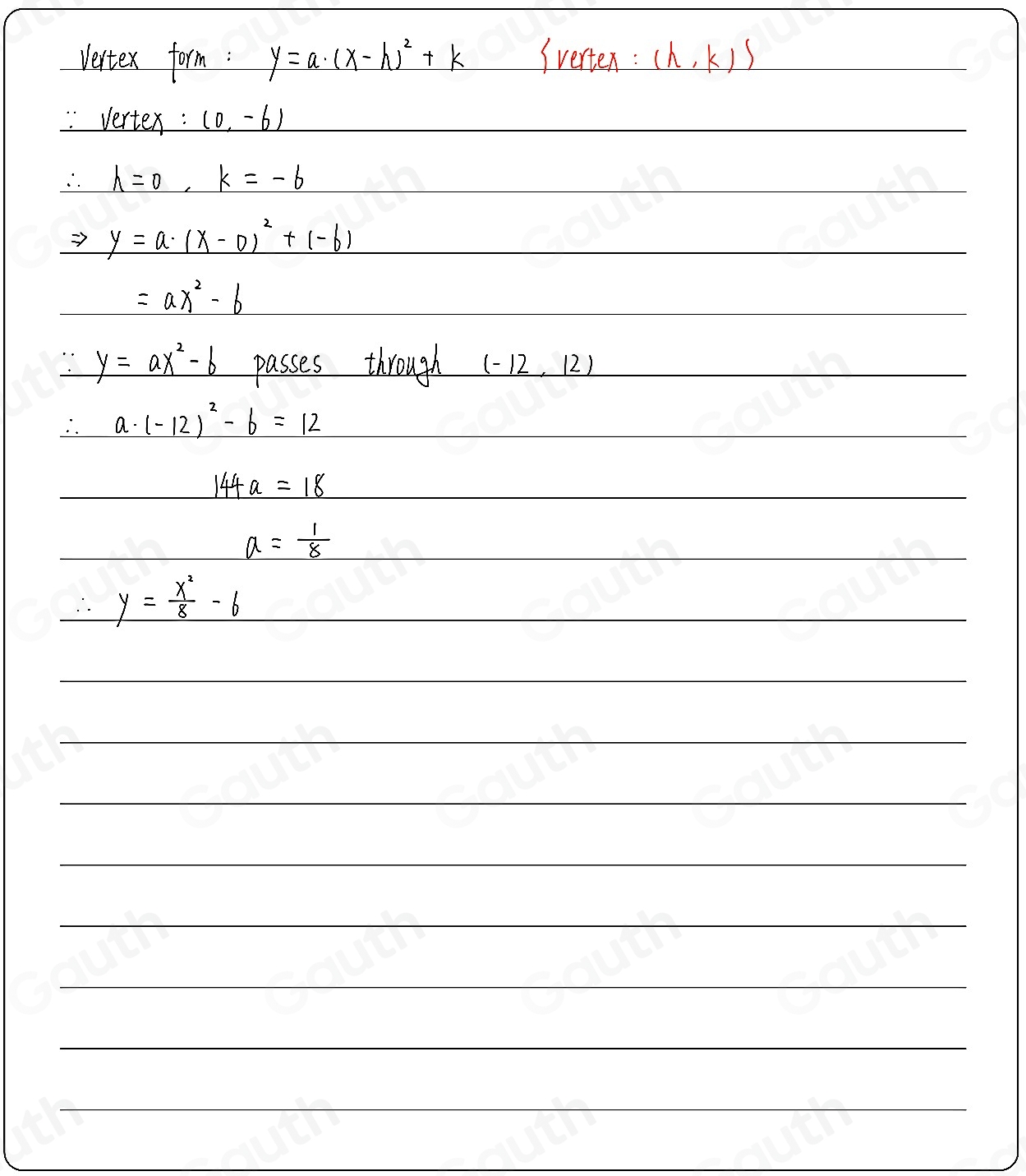 Solved: A parabola opening up or down has vertex (0,-6) and passes ...