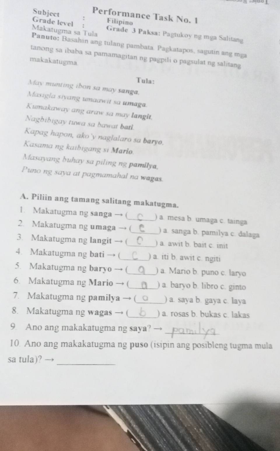 Solved: Performance Task No. 1 Subject Filipino Grade level Grade 3 ...