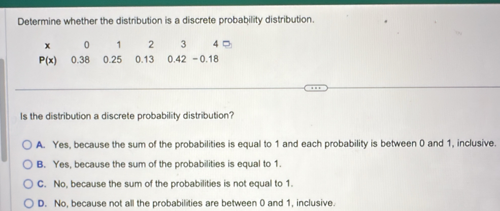 Solved: Determine whether the distribution is a discrete probability distribution. x 0 1 2 3 4 P ...