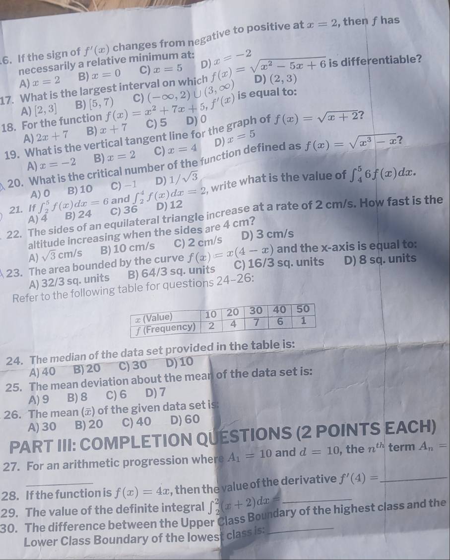 Gelöst:If the sign of f'(x) changes from negative to positive at x=2 ...