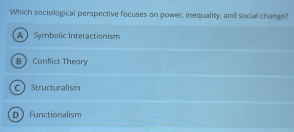 Solved: Which sociological perspective focuses on power, inequality ...
