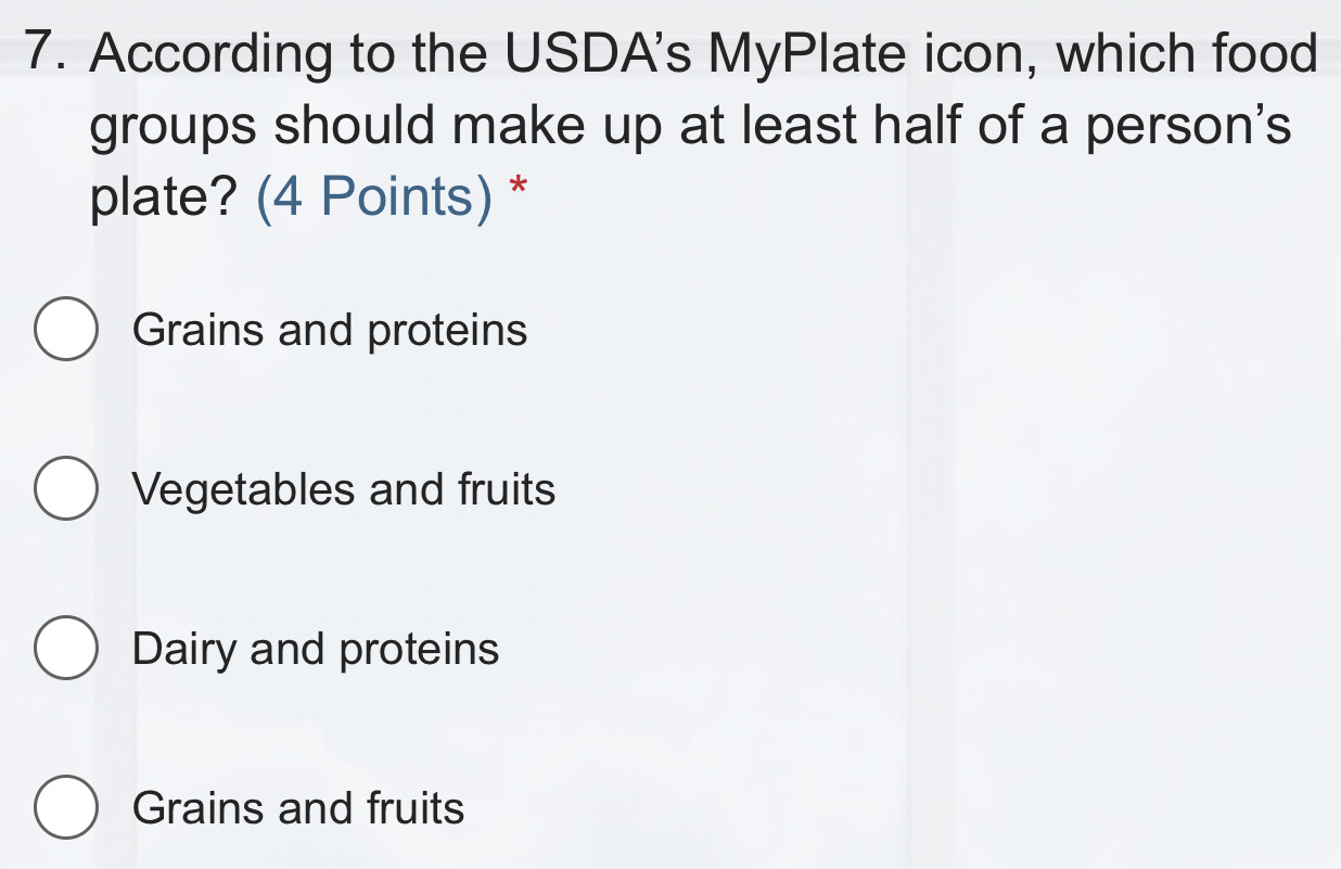 Solved: According to the USDA's MyPlate icon, which food groups should ...