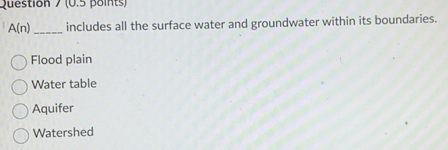 Solved: A(n) _includes all the surface water and groundwater within its ...