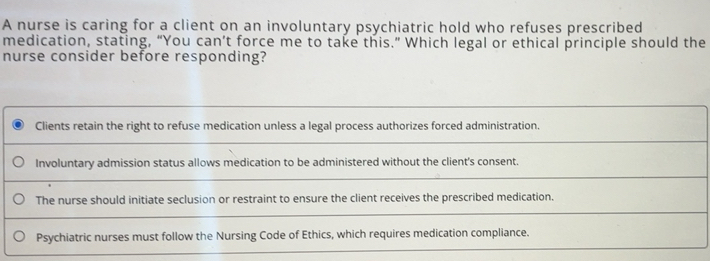 Solved: A nurse is caring for a client on an involuntary psychiatric ...