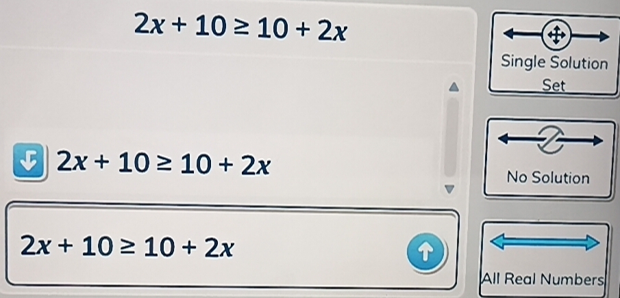 Resuelto:2x+10≥ 10+2x Single Solution Set 5 2x+10≥ 10+2x No Solution 2x ...