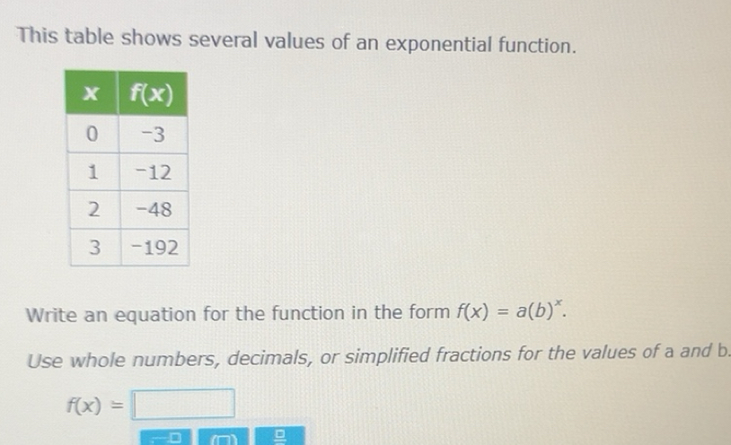 Solved: This table shows several values of an exponential function. x f ...