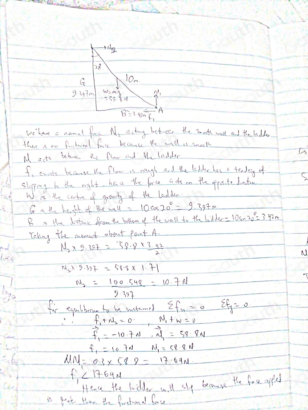 Solved: A 10 m long, uniform ladder has a mass of 6 kg and makes an ...