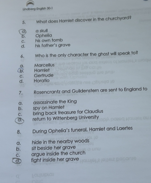 Solved: Lindberg English 30-1 5. What does Hamlet discover in the ...