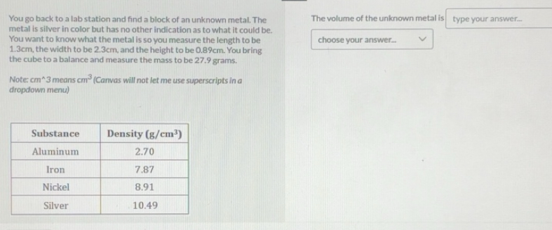 Solved: You go back to a lab station and find a block of an unknown metal. The The volume of the ...