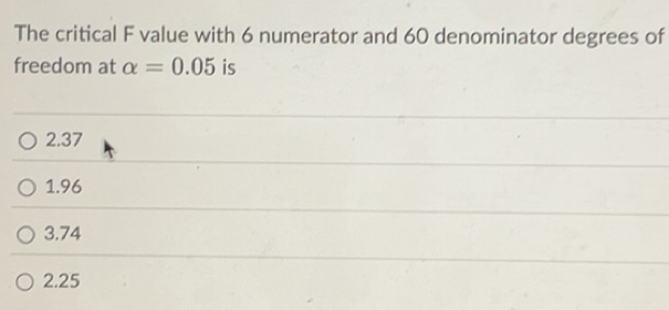 Solved: The critical F value with 6 numerator and 60 denominator ...