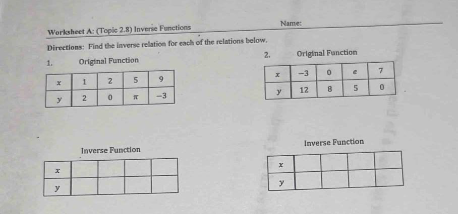Solved: Worksheet A: (Topic 2.8) Inverse Functions Name: Directions ...