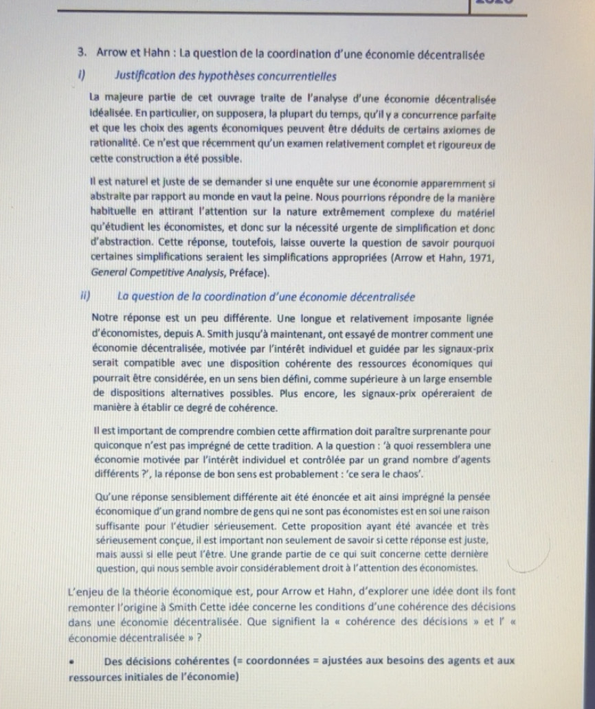 Résolu :Arrow et Hahn : La question de la coordination d'une économie ...