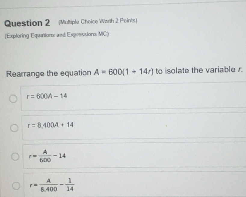 Solved: (Multiple Choice Worth 2 Points) (Exploring Equations and Expressions MC) Rearrange the ...