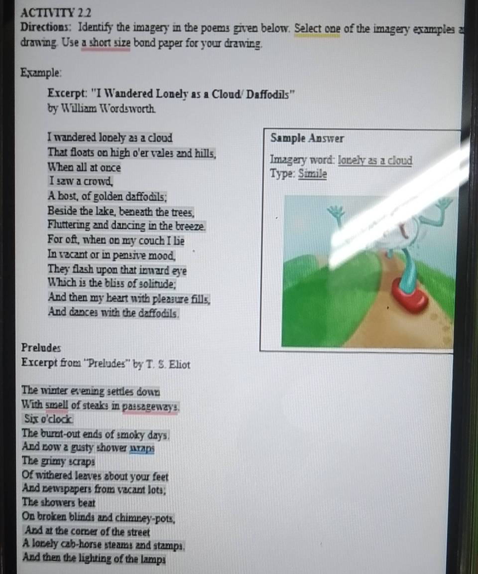 Solved: ACTIVITY 2.2 Directions: Identify the imagery in the poems ...