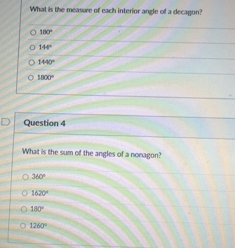 Gelöst:What is the measure of each interior angle of a decagon? 180 ...