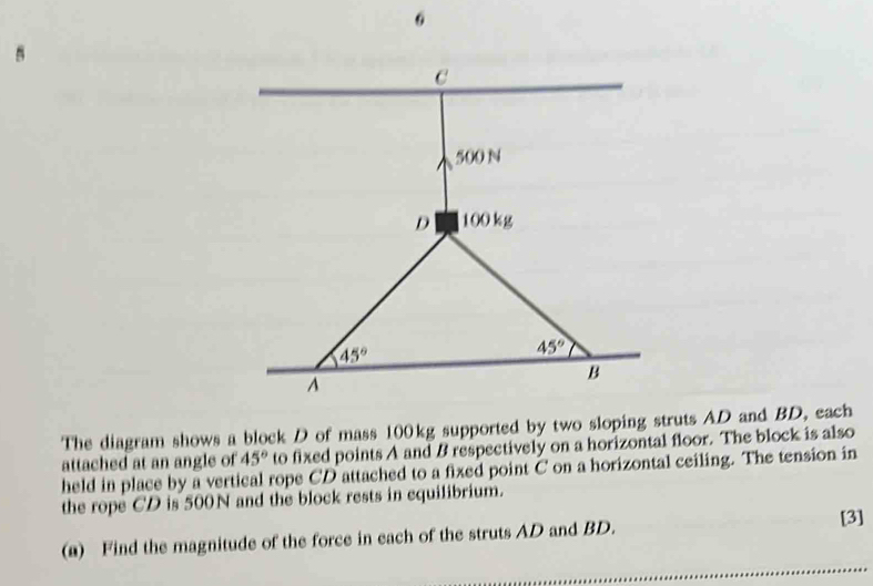 Solved: The diagram shows a block D of mass 100kg supported by two ...