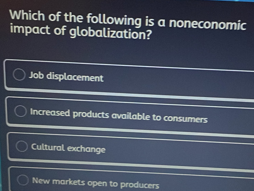 Solved: Which of the following is a noneconomic impact of globalization ...