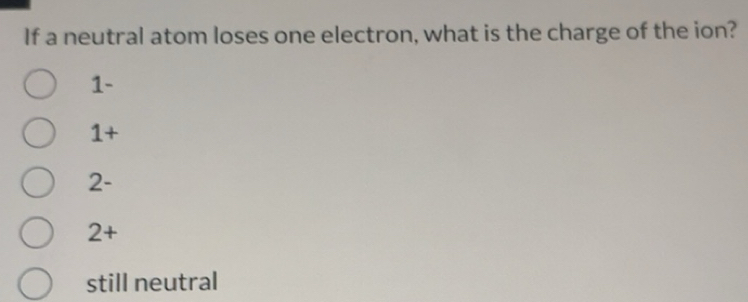 Solved: If a neutral atom loses one electron, what is the charge of the ...