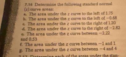 Solved: 7.16 Determine the following standard normal (z) curve areas: a ...
