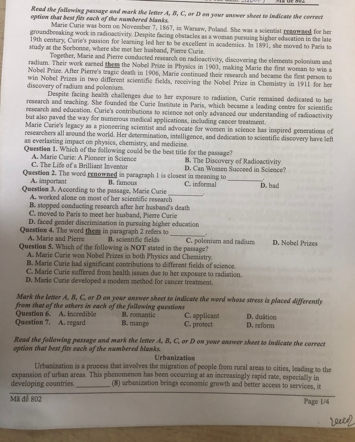 Giải quyết:Read the following passage and mark the letter A, B, C, or D ...