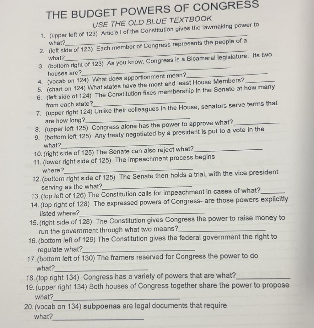 Solved: THE BUDGET POWERS OF CONGRESS USE THE OLD BLUE TEXTBOOK _ 1 ...