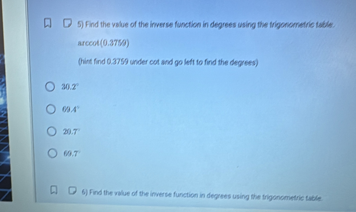 Solved: Find the value of the inverse function in degrees using the ...