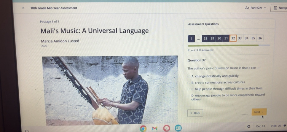 Solved: 10th Grade Mid-Year Assessment Aa Font Size Notep Passage 3 of ...