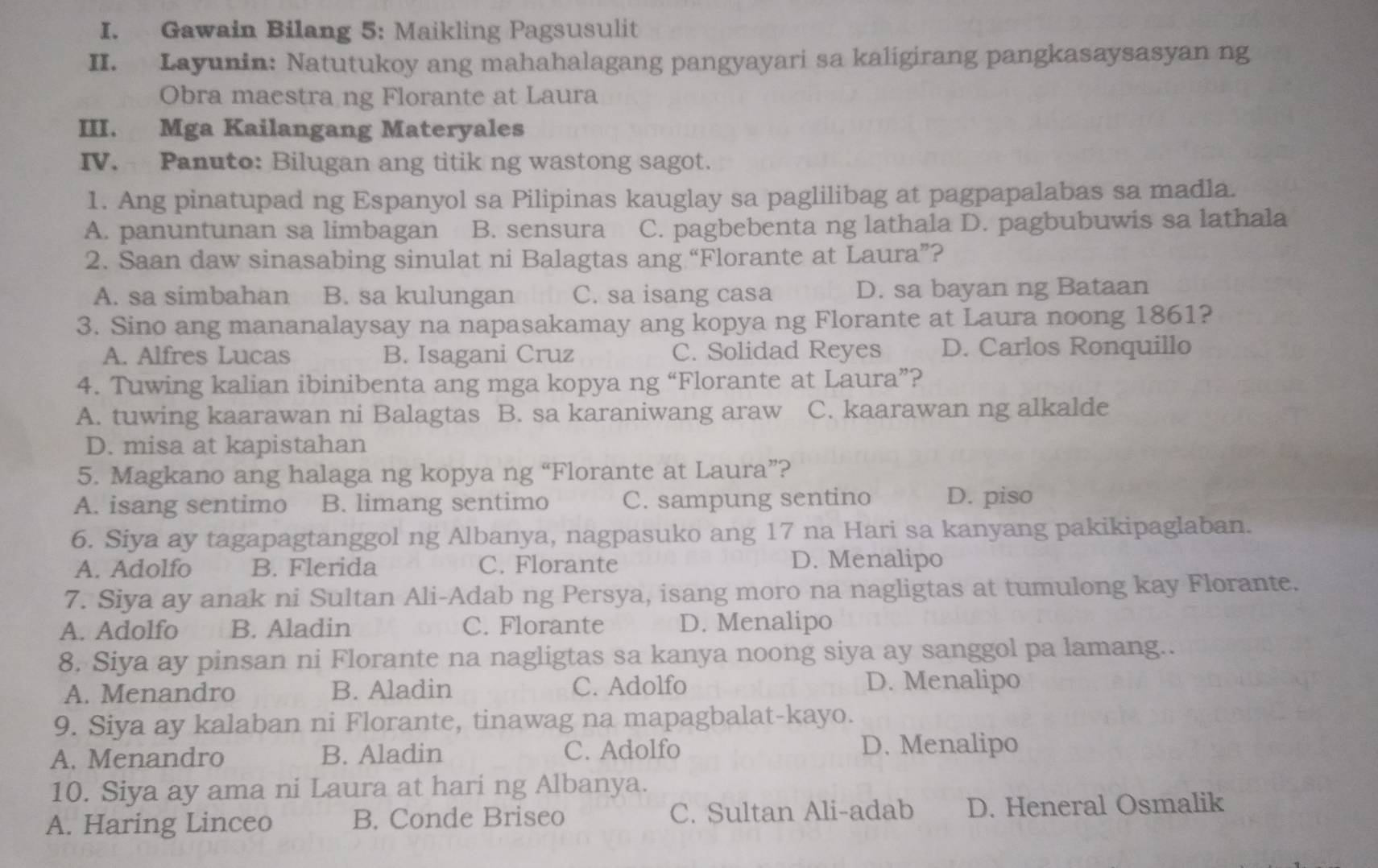 Solved: Gawain Bilang 5: Maikling Pagsusulit II. Layunin: Natutukoy ang ...