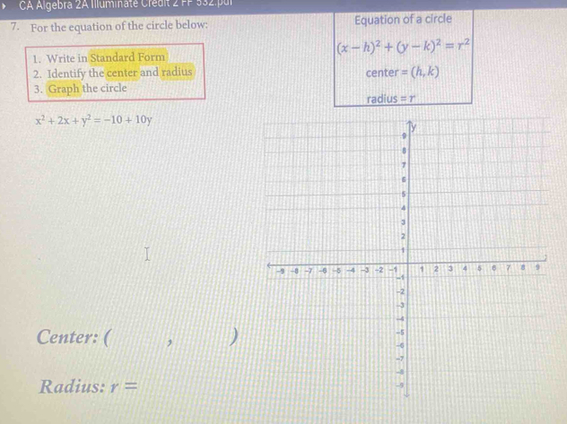 CA Algebra 2A Illuminaté Crédit 2 FF 532 pur 7. For the equation of the ...