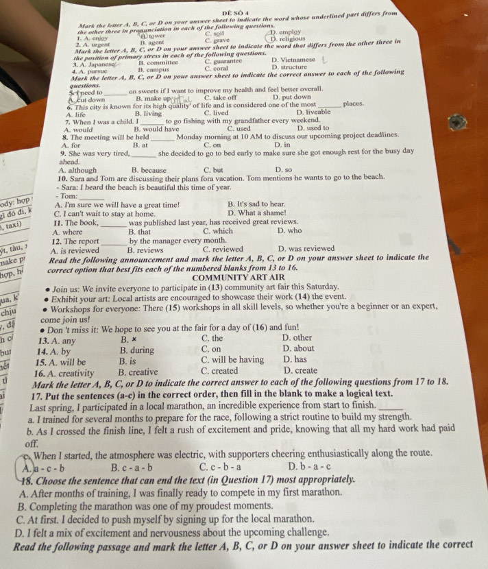 Giải quyết:Dể Số 4 Mark the letter A, B, C, or D on your answer sheet ...