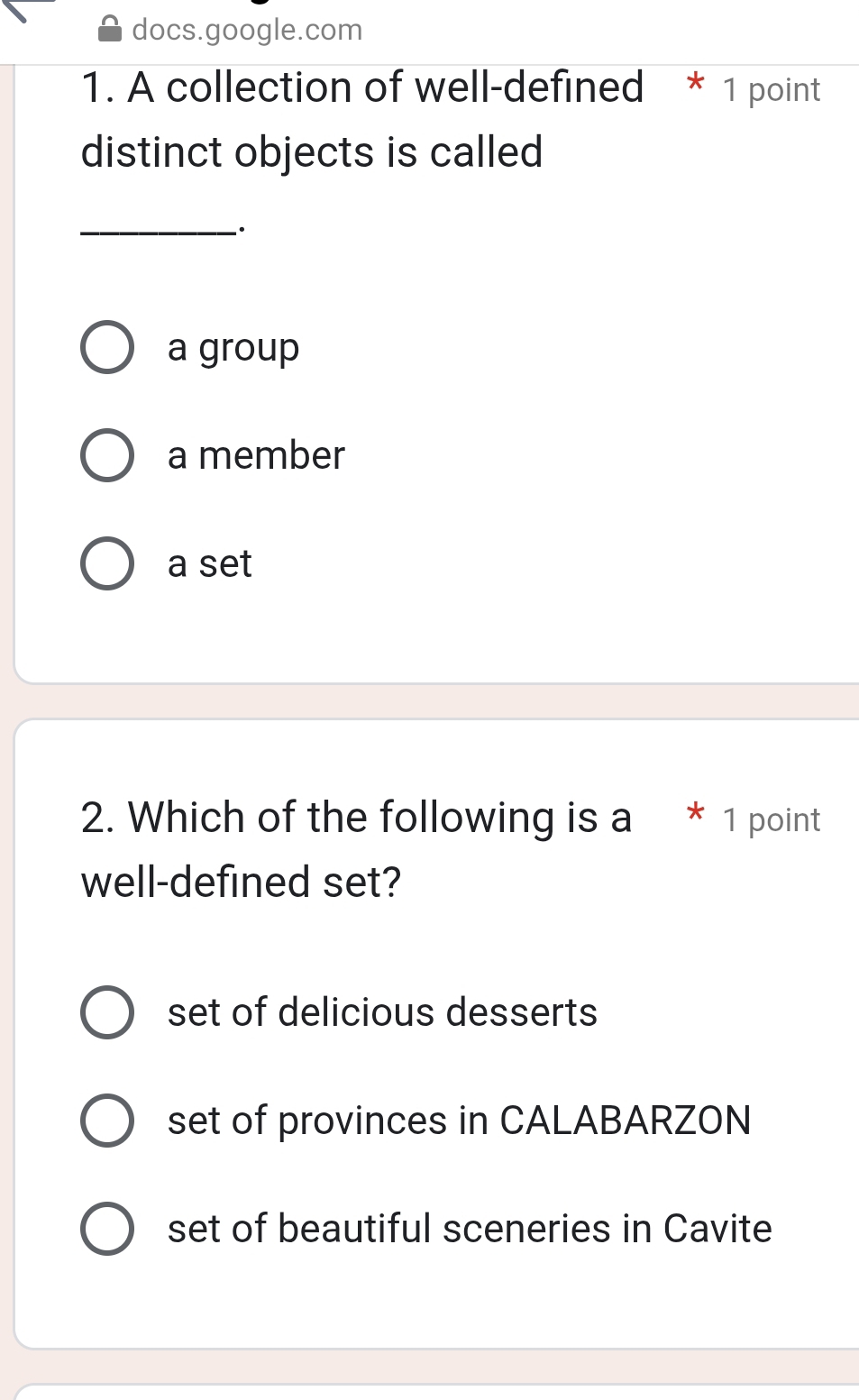 Solved: docs.google.com 1. A collection of well-defined * 1 point ...